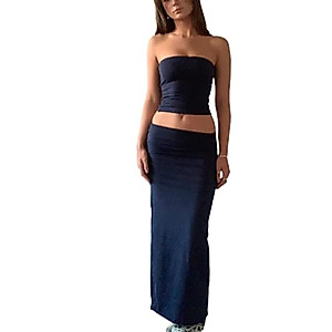 Women Y2K Skirt Set Outfits Strapless Crop Top Bodycon Midi Skirt Dress Sexy 2 Piece Knit Outfits Skirt Summer(J-Black,S)