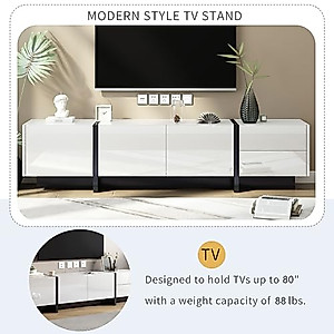 Contemporary High Gloss TV Console Table for Television Up to 80", Wood Entertainment Center with Storage Cabinet and Drawers, TV Cabinet Media Console Cabinet for Living Room Game Room, White