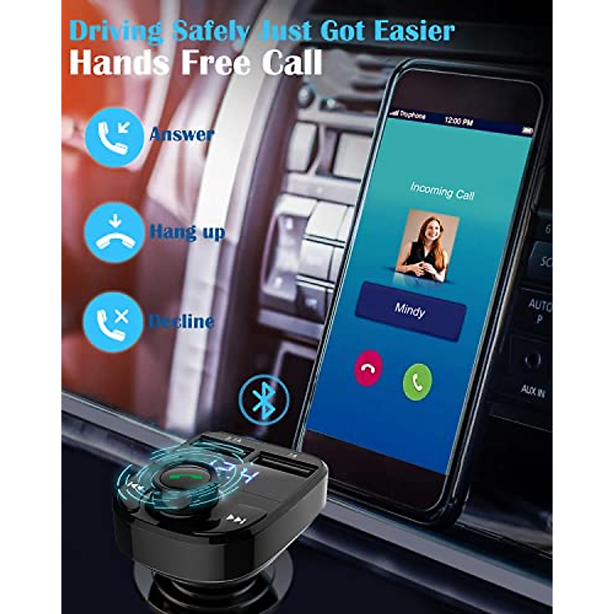 Handsfree Call Car Charger,Wireless Bluetooth FM Transmitter Radio Receiver,Mp3 Audio Music Stereo Adapter,Dual USB Port Charger Compatible for All Smartphones,Samsung Galaxy,LG,HTC,etc.