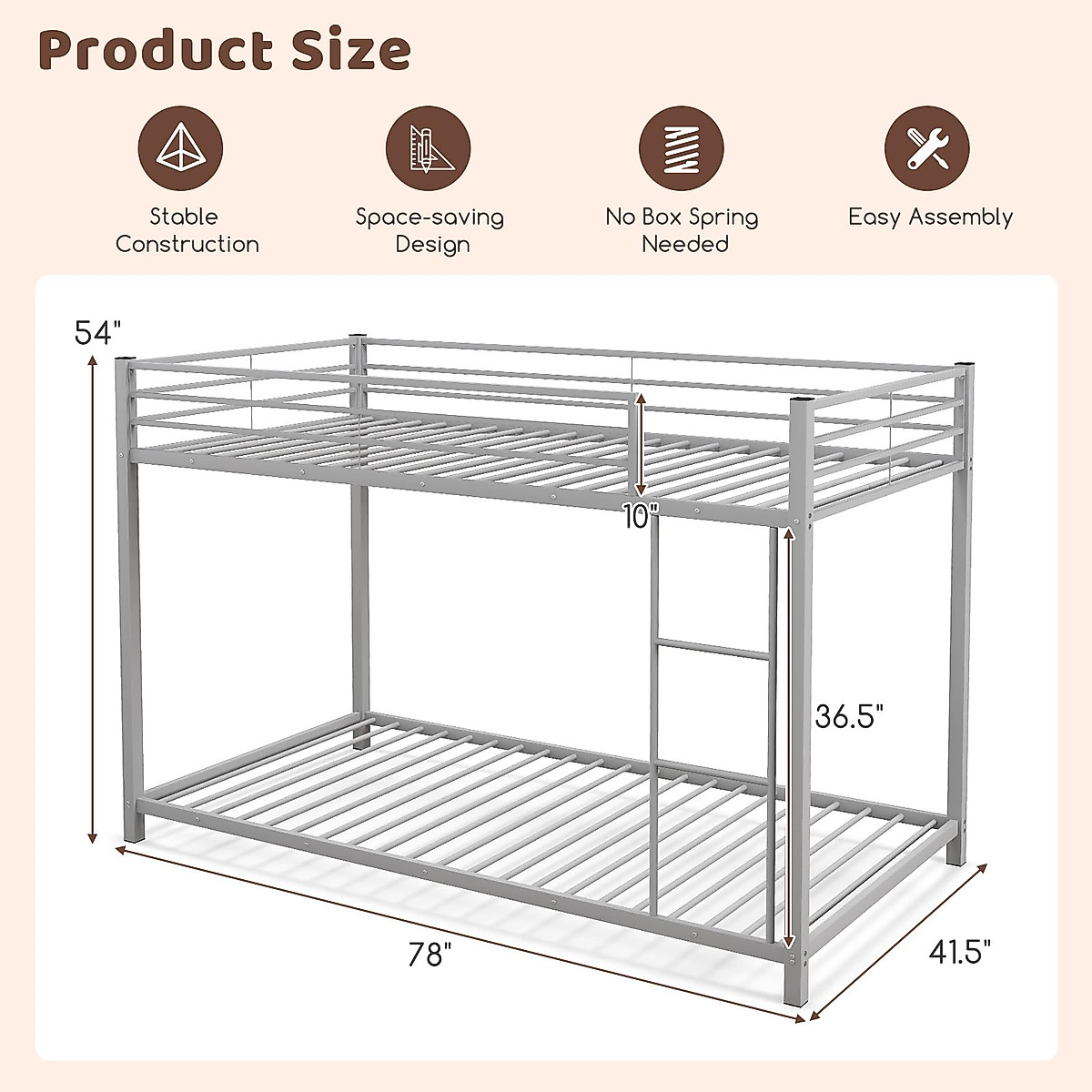 Giantex Twin Over Twin Metal Bunk Beds, Heavy Duty Bed Frame with Safety Guard Rail & Ladder, Low Floor Bunk Bed for Boys Girls Adults Dormitory Bedroom, Noise Free, No Box Spring Needed (Silver)