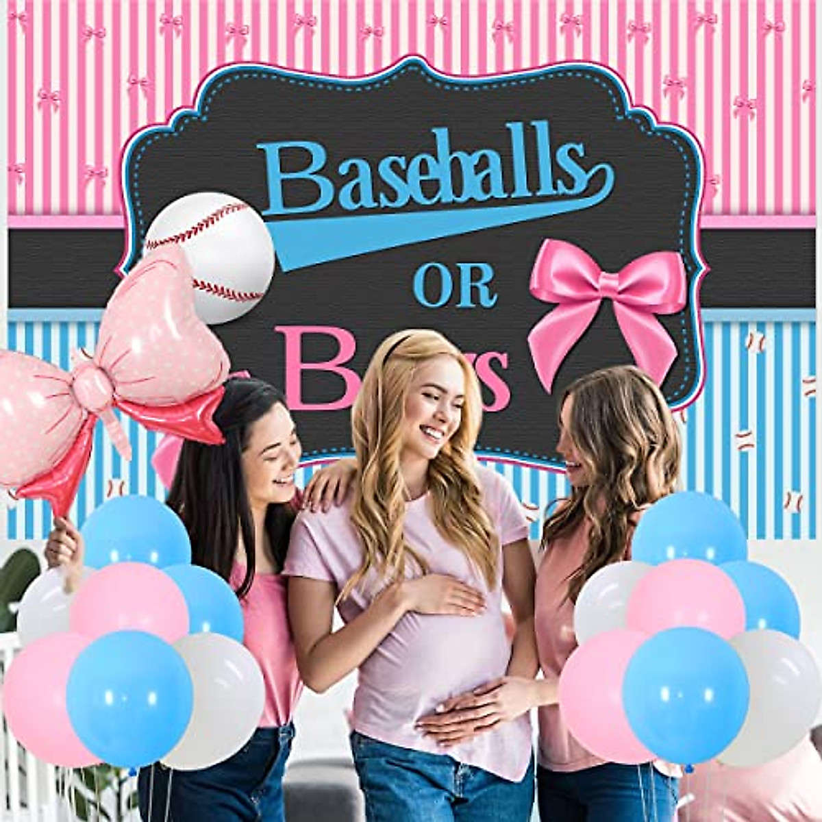 Gender Reveal Party Decorations Baseball Gender Reveal Party Decorations with Baseballs or Bows Backdrop Latex Balloons for Boys and Girls Baby Shower Pregnancy Gender Reveal