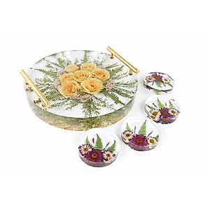 Resin Tray Molds Silicone, 12" Large Round Deep Tray Resin Mold and 4 Piece Round Deep Coaster Molds, Silicone Tray Board Table Resin Mold & Handles, Floral Preservation Bouquet Resin Mold