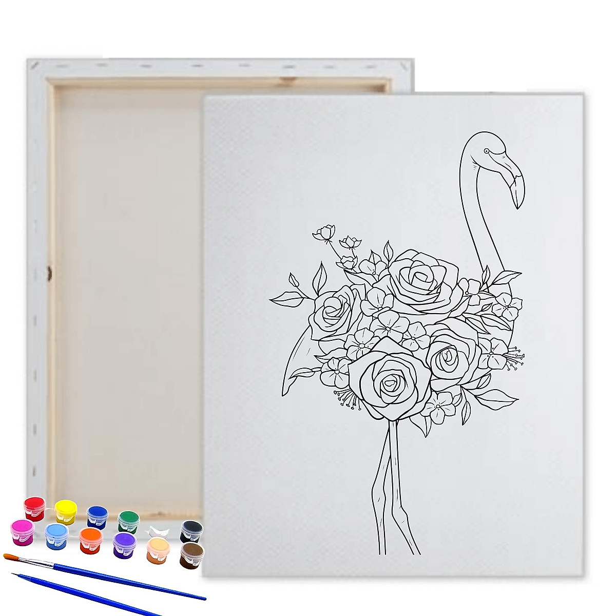 Essenburg Pre Drawn Canvas Flower Flamingo Paint Kit | Adult & Teen Sip and Paint Party Favor | DIY Date Night Couple Activity FLAMINGO (S 8x10 CANVAS ONLY)