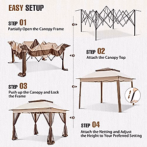 INTER HUT 11x11 Outdoor Pop up Gazebo Tent with Mesh Walls for Patio, Lawn, Backyard and Deck, Beige