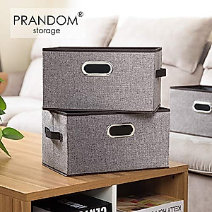 PRANDOM Large Foldable Storage Bins for Shelves [3-Pack] Decorative Linen Fabric Storage Baskets Cubes with Leather/Metal Handles for Closet Nursery Office Grey and Black Trim (14.9x9.8x8.3 Inch)