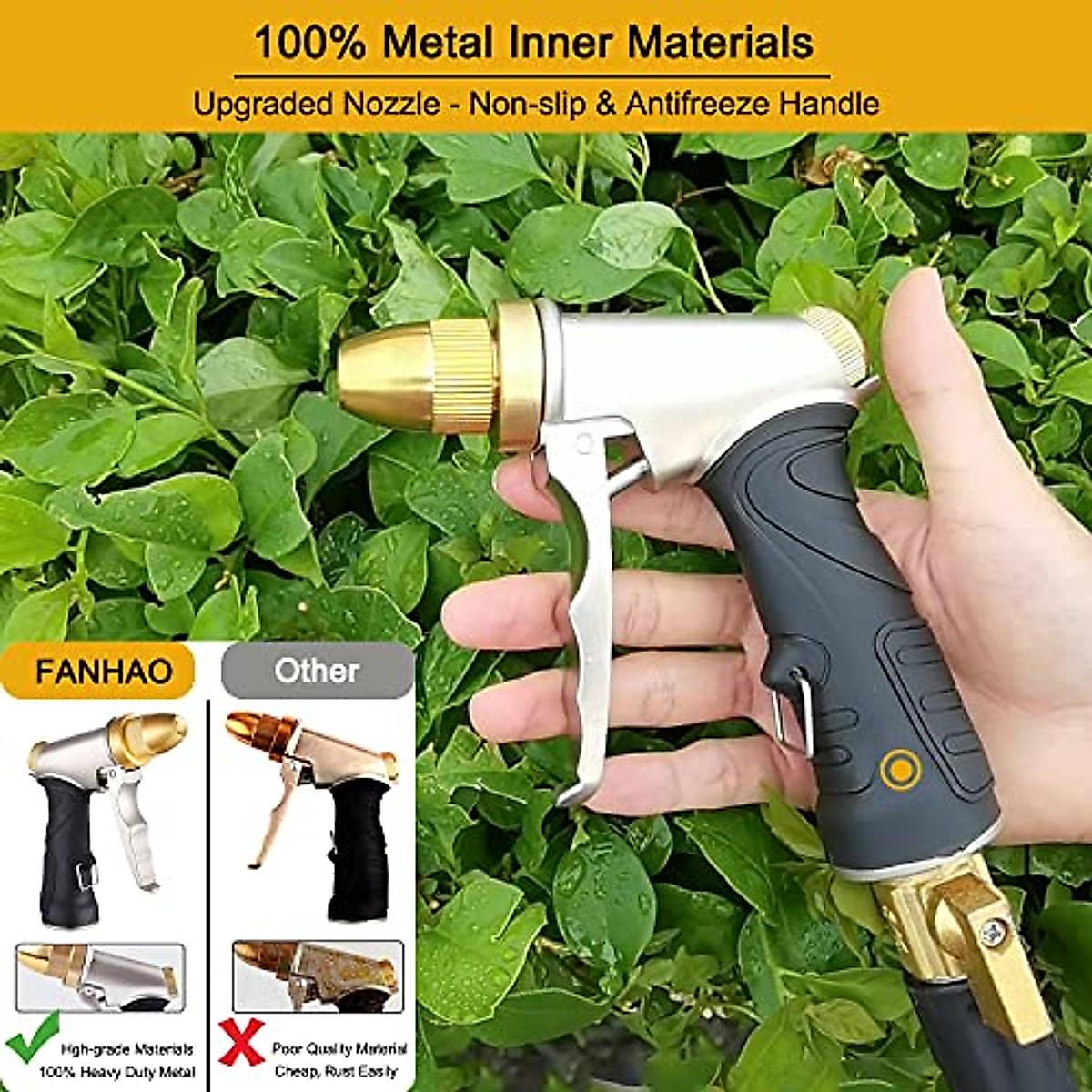 FANHAO Garden Hose Nozzle, 100% Heavy Duty Metal Spray Nozzle High Pressure Water Nozzle with 4 Patterns for Watering Garden, Washing Cars and Showering Pets - Full Brass Nozzle + ABS Non-Slip Grip