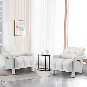 LOULENS Lambswool Accent Chair, Modern Upholstered Sherpa Accent Chair, Comfy Teddy Single Armchair with Pillow for Living Room, Bedroom (Beige, Backrest Under The Cushion)