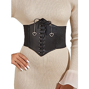 Verdusa Women's Costume Belt Vintage Lace Up Wide Waistband PU Leather Punk Corset Metal Heart Black M