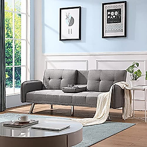 ERDAYE Folding Modern Futon Sofa Loveseat Convertible Sleeper Couch Bed for Living Room Apartment Small Space Furniture Sets with 2 Cup Holders,Metal Legs, Removable Soft Square Armrest,Light Gray