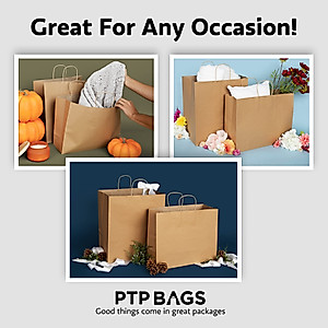 PTP BAGS Natural 16" x 6" x 12.5" Tote Bags [Pack of 250] Recyclable Kraft Paper Gift Bags