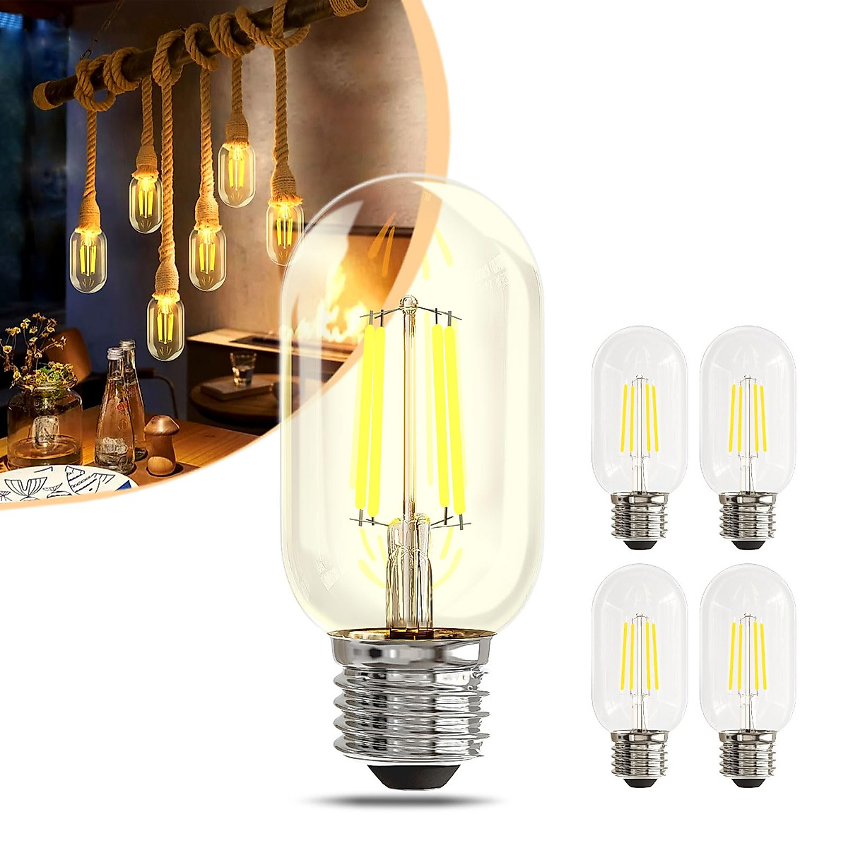 NUODIFAN 4 Pack T45 LED Edison Bulbs, Vintage LED Filament Bulbs 4W Equivalent 40W, 110-130V E26 Base 2700K Warm White Light, CRI 90+ Clear Glass Small Bulbs, Great for Home Office Bedroom.