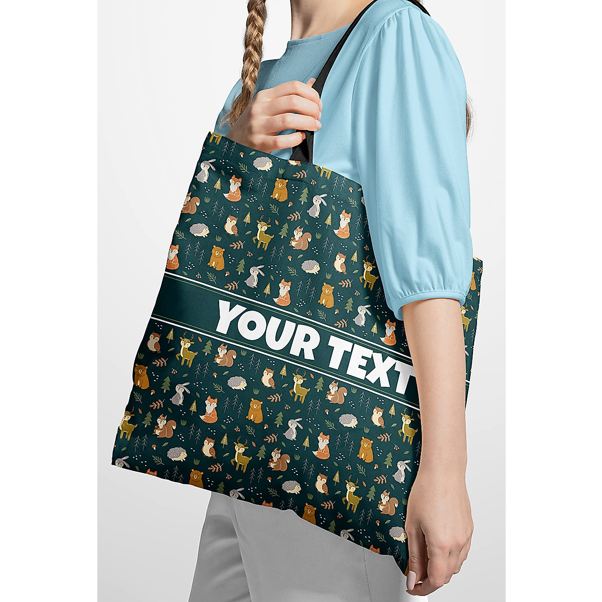 Personalized Tote Bag for Kids - Woodland Animals, Custom Name/Text, Reusable w/ Straps, Canvas Cloth Fabric, Customized Gift Idea for Boys/Girls/Children, Birthday/Christmas/Holiday Present, 13x13"