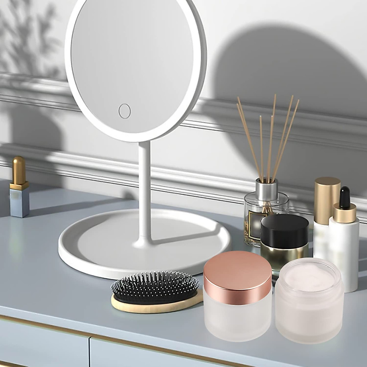 USRommaner 4 Pack 2 oz Frosted Glass Cream Jar,Empty Round Sample Jar Pot with Screw Lids&Inner Liner,Travel Storage Jar Container for Lotion, Eyeshadow,Moisturiser,gel-Rose Gold Lids