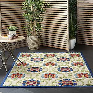 Nourison Aloha Indoor/Outdoor Blue/Multicolor 5'3" x 7'5" Area -Rug, Easy -Cleaning, Non Shedding, Bed Room, Living Room, Dining Room, Deck, Backyard, Patio (5x7)