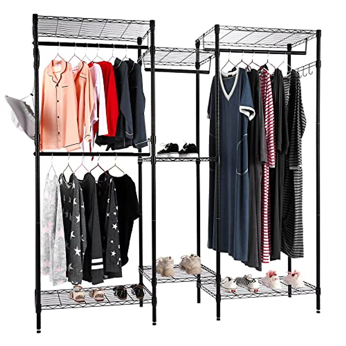 Homdox Free Standing Closet, Wire Shelving Clothing Rack Heavy Duty, with Side Hooks and Clothes Rods (Black)