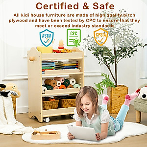 kidi house Rolling Storage Cart on Wheels 4-Tier Wooden Utility Cart Art Cart Organizer for Kids Multi-Functional Movable Birch Trolley Kids Bookshelf Art Crafts Supply Shelf Montessori Furniture