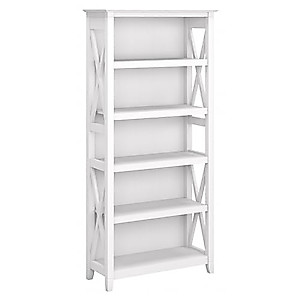 Bush Furniture Key West Bookcase Shelf Open Bookcase in Pure White Oak Farmhouse Display Cabinet for Library, Bedroom, Living Room, Office Tall Accent Cabinet