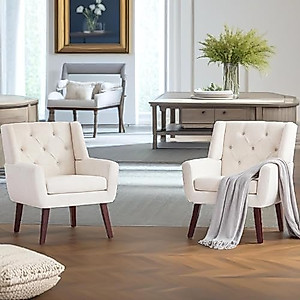 HUIMO Accent Chair Set of 2, Button-Tufted Chairs,Upholstered Reading Living Room Chair,Mid Century Modern Chair with Linen Fabric, Club Chair,Comfy Arm Chairs for Living Room,Bedroom,White