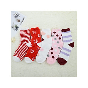 Century Star Womens Fuzzy Socks Soft Fluffy Socks Warm Cozy Socks Sports Athletic Socks Winter Gifts Socks For Christmas 5 Pairs Red Set One Size