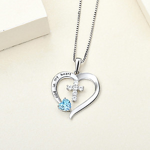 YL Women's Heart Cross Necklace 925 Sterling Silver Created Aquamarine God in my heart'' Pendant Crucifix Jewelry