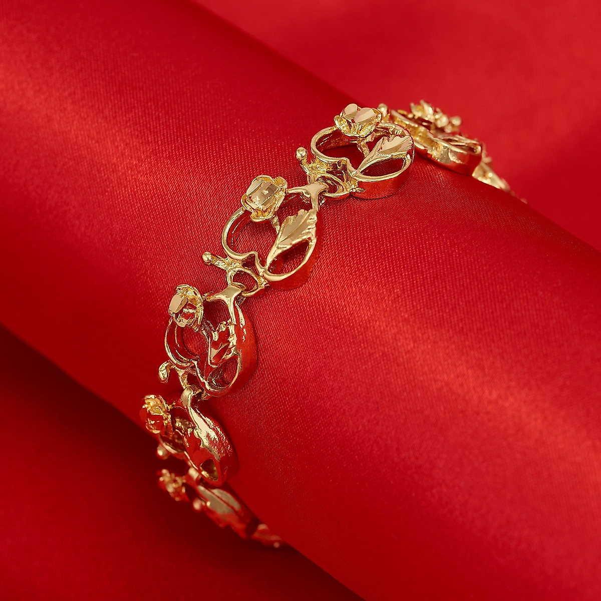 LIFETIME JEWELRY Hearts and Roses Ladies Charm Bracelet for Women 24k Real Gold Plated (Gold (12.5mm), 7 inches)