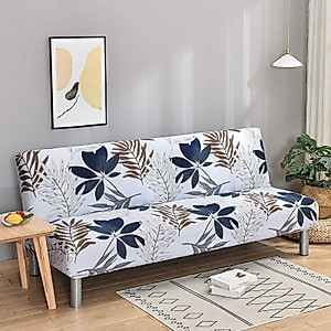 MIFXIN Armless Sofa Cover Futon Slipcover Stretch Elastic Polyester Folding Sofa Bed Non-Armrest Couch Furniture Protector Spandex Printed Washable Sofa Cover Without Armrests (Grey Blue Leaf)