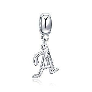925 Sterling Silver Charms Alphabet Beads fit Pandora Charm Bracelets A-Z Letter Initial Spacer Dangle Clear CZ Stone Authentic for Snake Chain Bracelets (A)