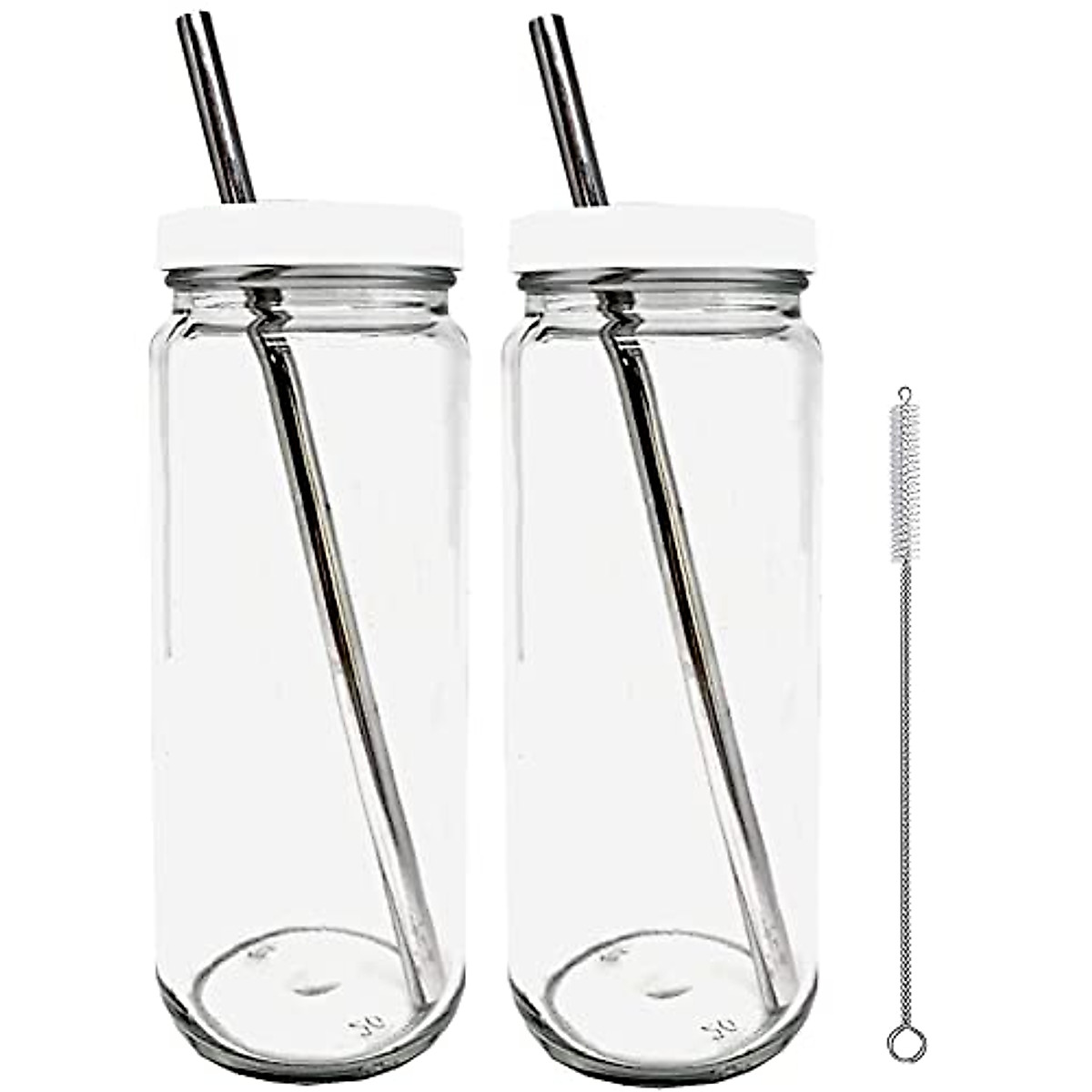 Jarming Collections - Reusable Glass Smoothie Jars with Lids & Straws - Glass Jars with White Plastic Lids & Metal Straws, Jar Tumblers for Iced Coffee Glass, Smoothies, Milk Shakes (White, Pack of 2)