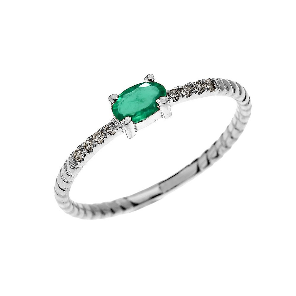 Dainty 10k White Gold Diamond and Solitaire Oval Emerald Rope Design Stackable/Proposal Ring(Size 12)