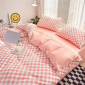 Pink Bedding Checkered Duvet Cover Set Twin, Soft 100% Washed Cotton Grid Plaid Duvet Cover Set, 4PCS 1 Quilt Cover+2 Pillow Covers+1 Flat Sheet, Checkered Cover Set Bedding Sets Collections