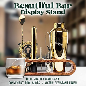 Mixology Bartender Kit: 10-Piece Bar Tool Set with Mahogany Stand | Perfect Home Bartending Kit and Martini Cocktail Shaker Set For a Perfect Drink Mixing Experience | Fun Housewarming Gift (Gold)