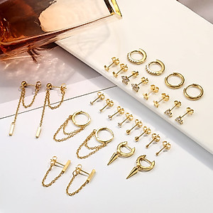 Sanfenly 14 Pairs Studs Earrings and Hoops Set Gold Plated Dangle Chain Earrings Mini Ball CZ Moon Star Flower Studs Huggie Hoop Earring for Women