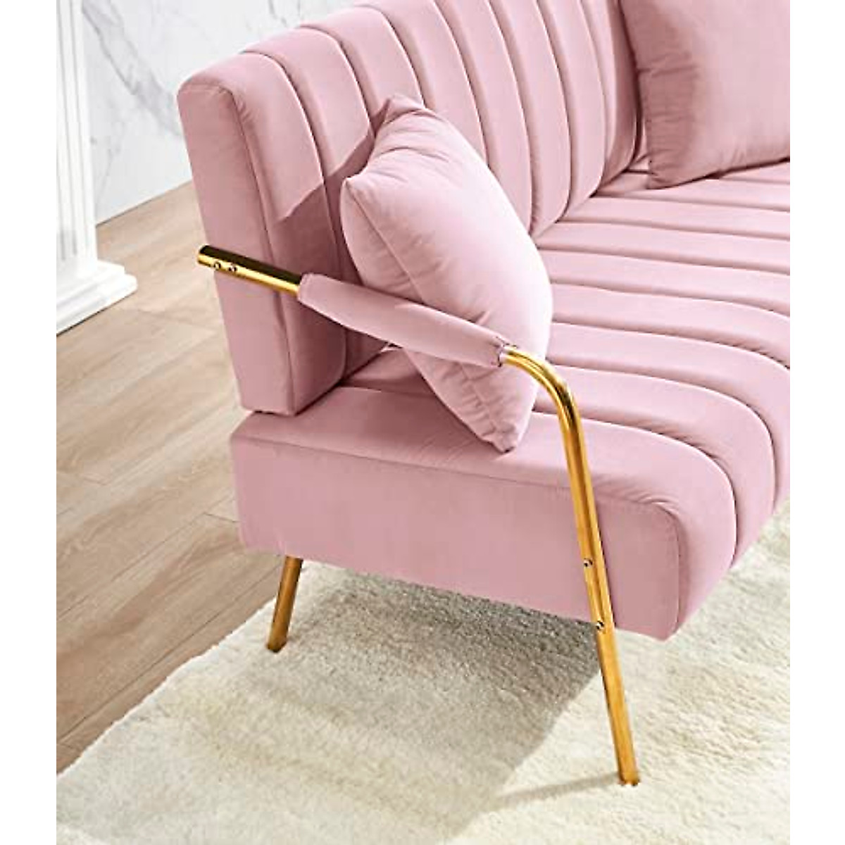 Yoluckea Loveseat Sofa Small Couch, Upholstered Love Seats Furniture with Two Throw Pillows and Golden Metal Legs Suitable for Small Spaces (Pink)