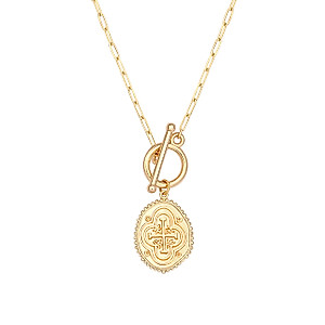 POTESSA 18k Gold Cross Medallion Pendant Necklace for Women Paperclip Chain Vintage Toggle Necklace Catholic Jewelry Mother's Day Gift 18"
