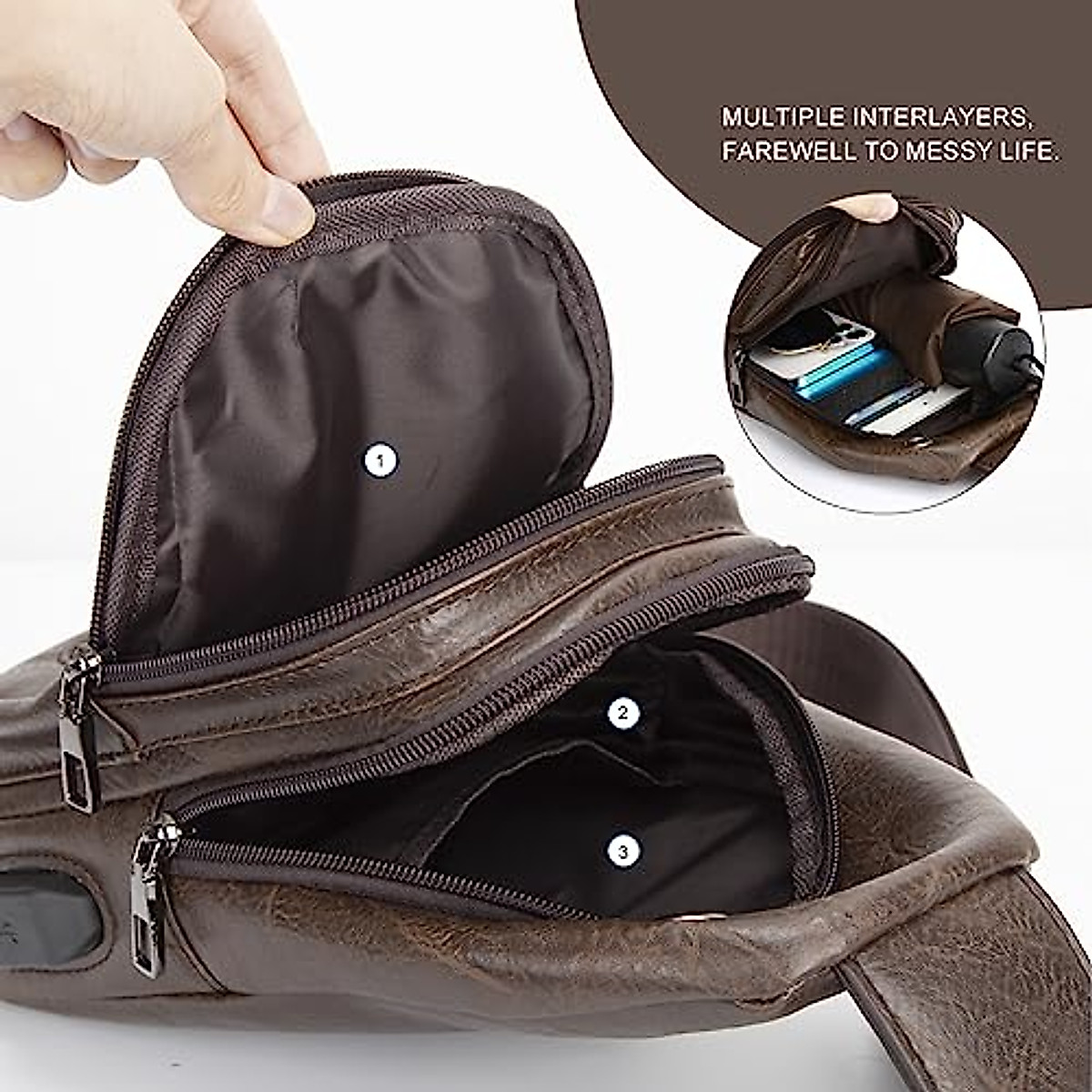 Leathario Leather Sling Bag Small For Men Women Crossbody Shoulder Chest Backpack Daypack for Work Casual Travel
