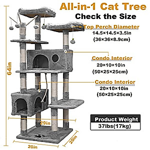 NEGTTE Cat Tree Tower for Indoor Cats,64 inches Large Multi-Level Cat Activity Center with Condos,Scratching Posts,Removable Fur Ball Sticks,Light Gray
