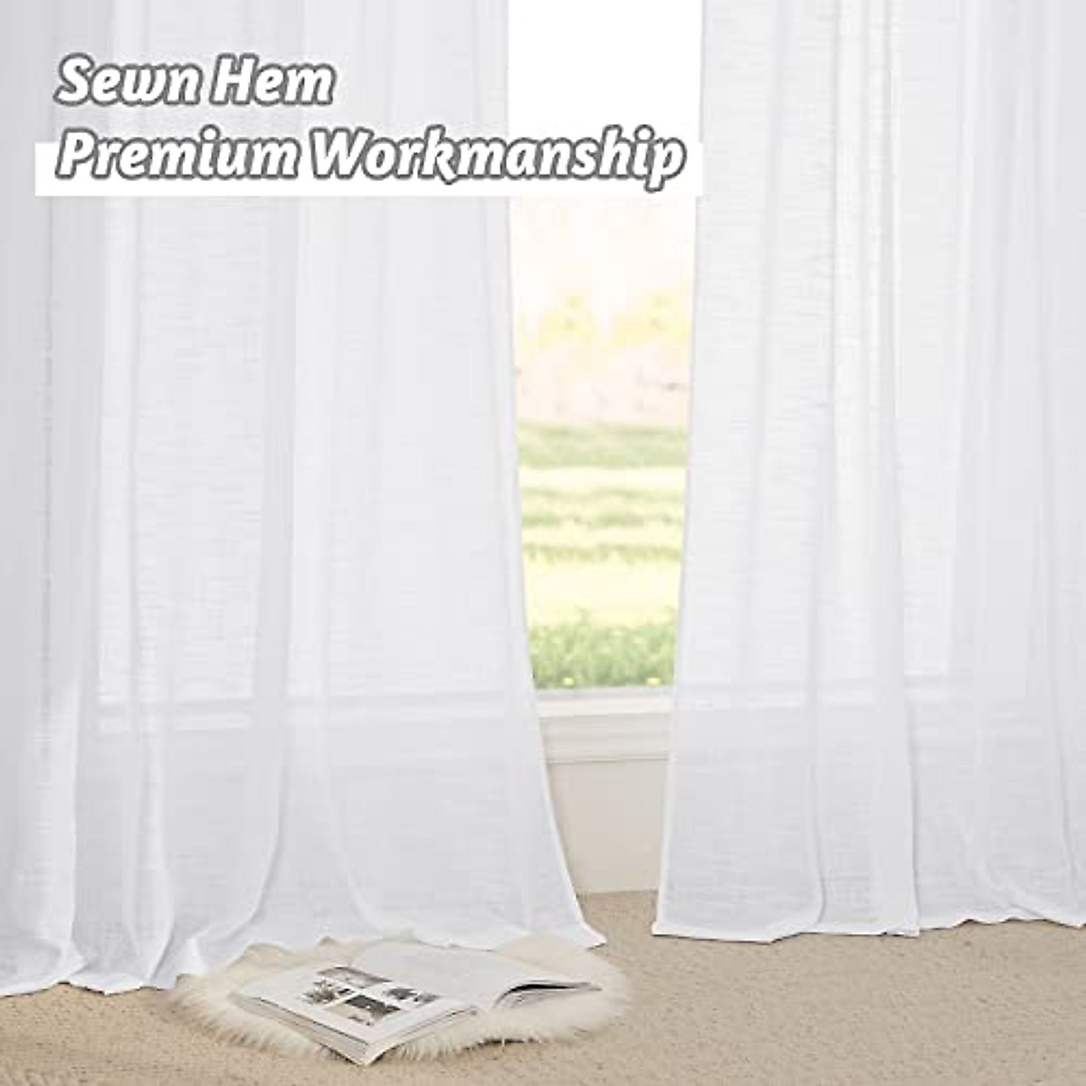 RYB HOME Semi Sheer Curtains Window Treatments for Living Room Bedroom Sliding Door, White, W 52 x L 95, 2 Panels