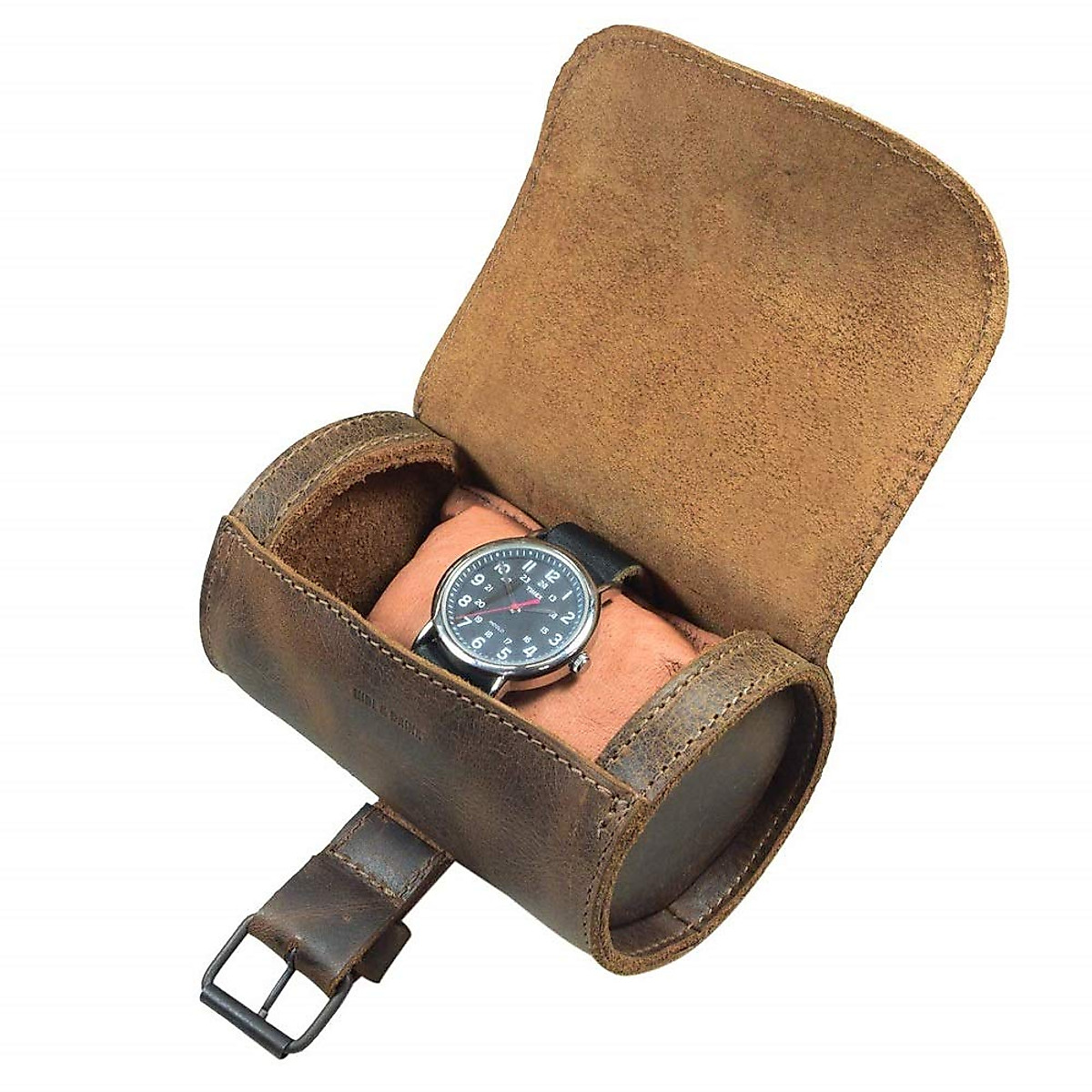Hide & Drink, Cylinder Watch Case with Cushion, Storage Box, Jewelry Organizer, Travel Accessories, Full Grain Leather, Handmade, Bourbon Brown
