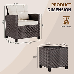 JAMFLY 3 Pieces Patio Furniture Set All-Weather Outdoor Wicker Conversation Bistro Set, Outdoor Patio Furniture Chairs with Tempered Glass Table for Porch Bistro Balcony, Beige