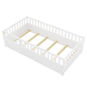 ECKF Twin Size Montessori Floor Bed with High Fence, Door and Slats, Wood Kids Bed Twin Size, Floor-Bed-Frame for Bedroom, Toddlers, Boys Girls, Kids Playroom (White, Twin)
