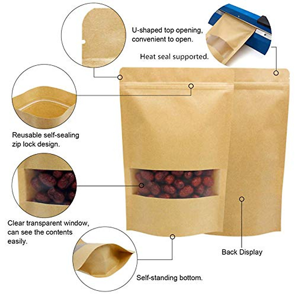 100pcs Kraft Bags with Window Zipper Lock Stand Up Bulk Pouches Resealable 7×10in
