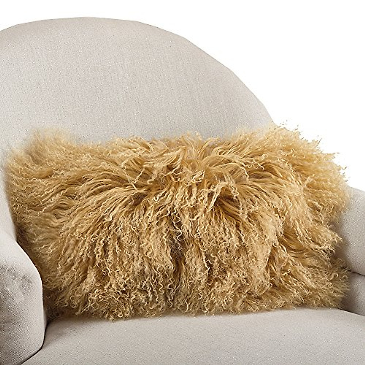 Occasion Gallery Gold Tone Color Real Mongolian Lamb Fur Pillow, Filled. 12 Inch X 20 Inch Oblong