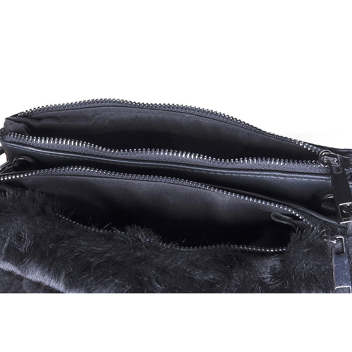 Luxe L 100% Faux Fur Clutch Handbag for Women Soft Modern Purse Wallet with 2-Zippered Compartments, Black
