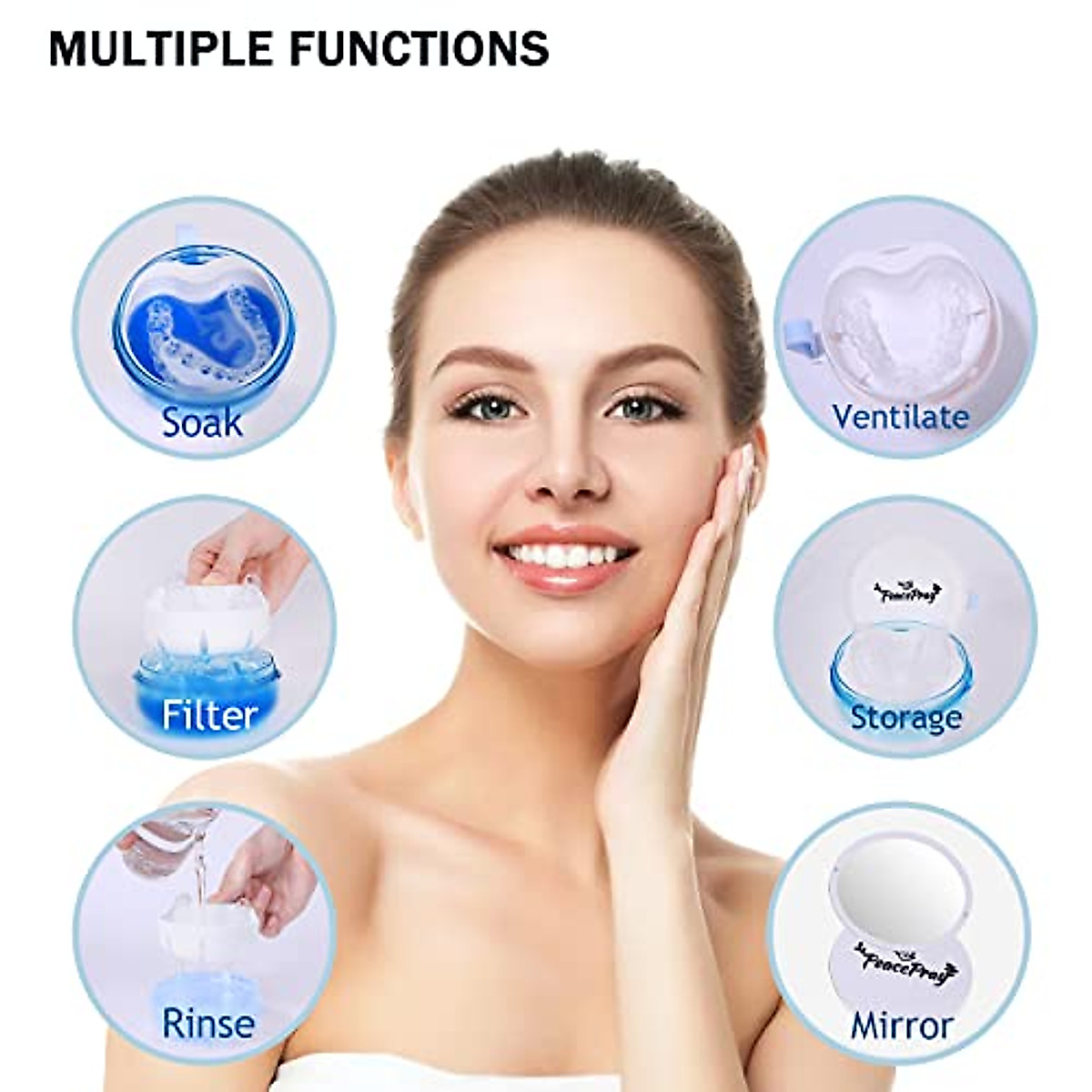 Clear Blue 100% Leak-Proof Retainer Case for Soaking Cleaner Tablets, Premium Screw Lid Denture Case Cup with Strainer, Mirror and Lanyard, Portable to Carry in Pocket