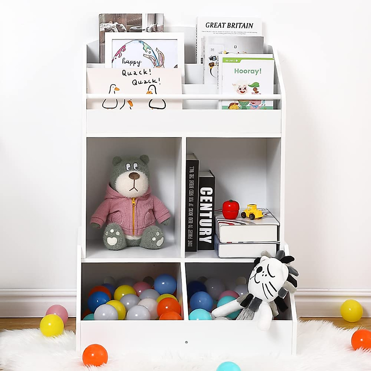 Kids Bookshelf and Toy Storage, Wood Book Shelf Organizer for Toddler, Playroom Storage, White