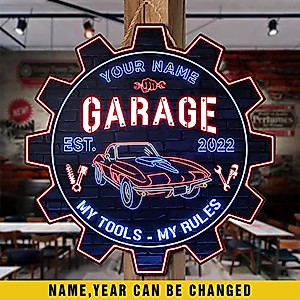 V VIBEPY-All Over Printed Personalized Garage Sign, My Tool My Rules US Flag, Car Garage Wooden Sign, 12x12", 18x18", Dad Garage Signs, Garage Signs Vintage, Garage Storage Sign, Father Garage Sign, Garage Sign For Men, Man Cave,Game Room Decor Father Day