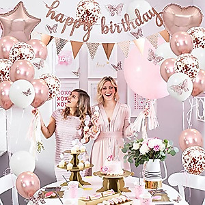 Rose Gold Birthday Decorations, Happy Birthday Banner Rose Gold, Rose Gold Balloons, Rose Gold Tablecloth Fringe Curtains, Pennant Banner and 3D Butterfly Stickers for Women Girls Birthday Party Supplies