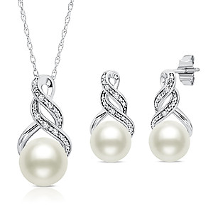 MAX + STONE Sterling Silver Pearl Jewelry Set with Diamonds | Freshwater Pearl Earrings & Necklace for Women | Real Pearl Necklace and Earring set | Silver Pearl Earrings and Necklace Set for Women