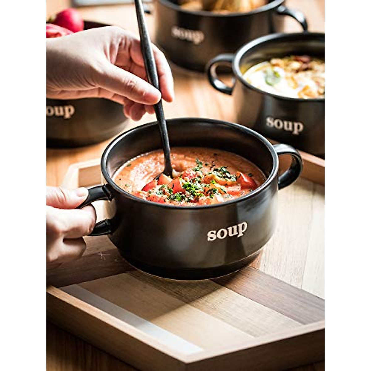 LAUCHUH 27 Ounces Soup Bowls with Handles, French Onion Soup Bowls, Oven Safe Soup Bowls Serving Bowls for Entertaining, Party Stackable, Black