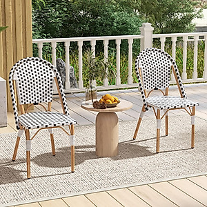 Tangkula French Bistro Chair Set of 4, Outdoor Armless Dining Chairs with Hand-Woven Rattan, Accent Chairs with Galvanized Metal Frame for Garden Kitchen Backyard Porch (Black & White)